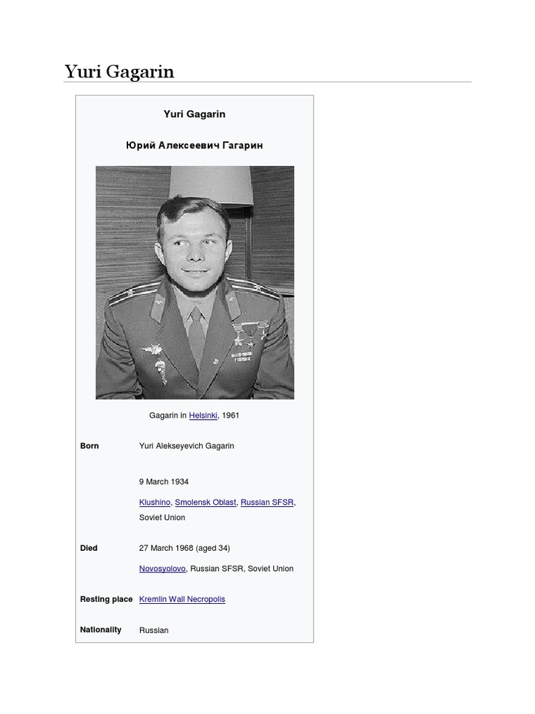 Yuri Gagarin | PDF | Astronautics | Outer Space