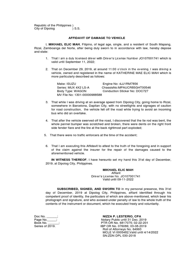 Affidavit of Damage To Vehicle-Mikko Mah | PDF | Affidavit | Document