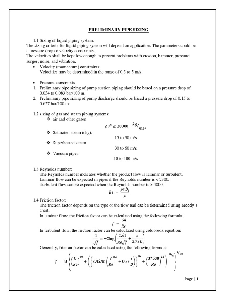 Preliminary Pipe Sizing | PDF | Fluid Dynamics | Reynolds Number