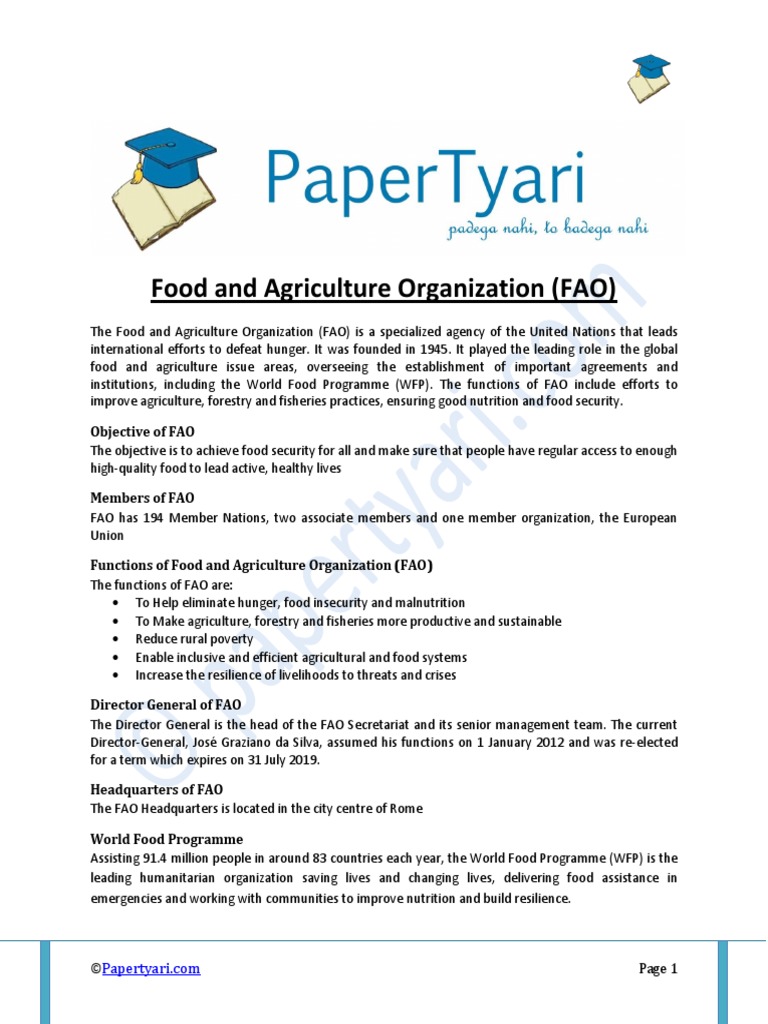 Functions of FAO (Food and Agriculture Organization) | PDF | World Food ...