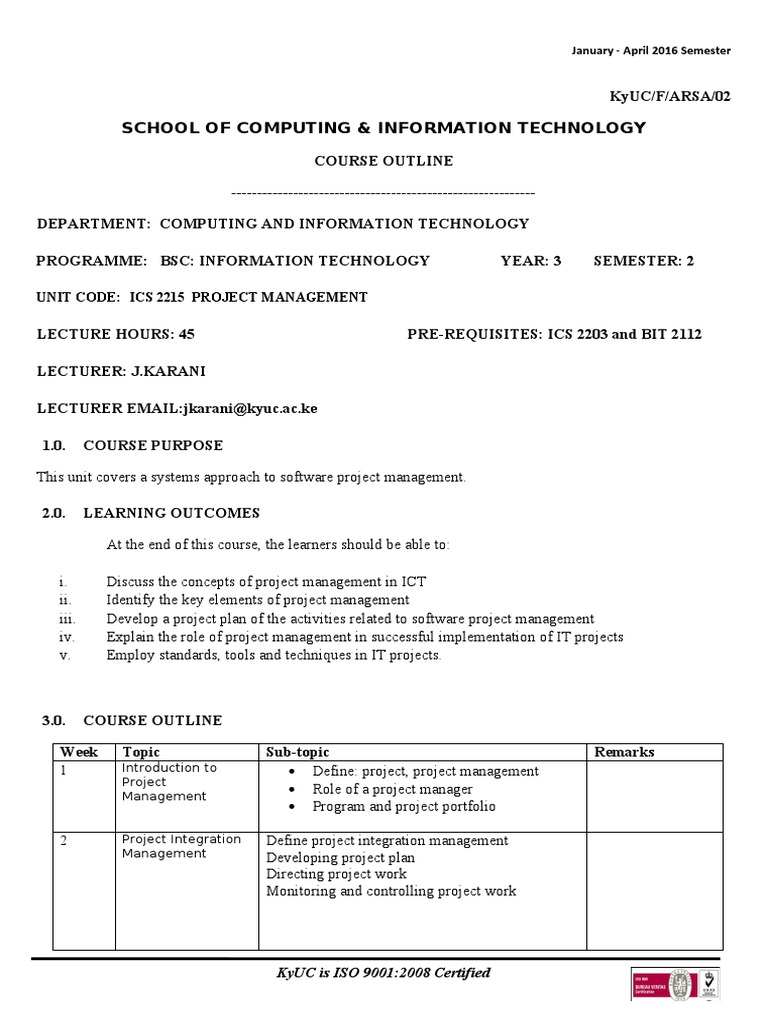Final Course Outline Ics 2215 Project Management | PDF | Project ...