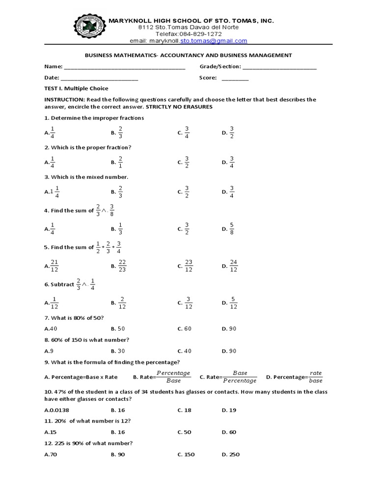Business Math Exam | PDF | Percentage | Fraction (Mathematics)
