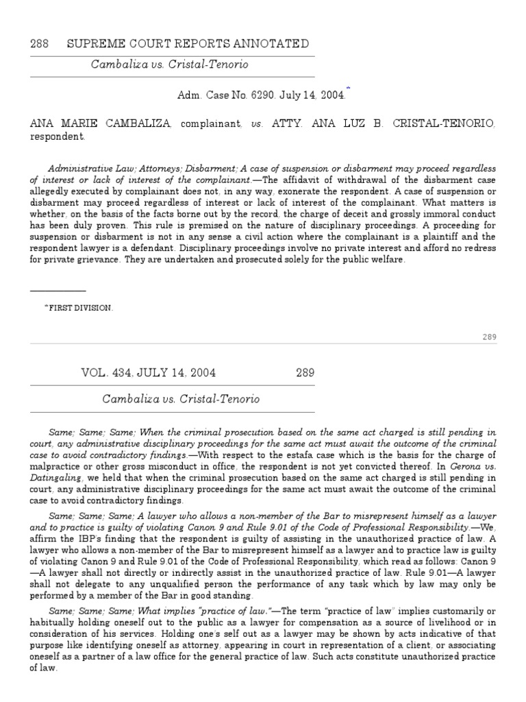 Cambaliza vs. Cristal Tenorio 434 SCRA 288 Adm. Case No. 6290 July 14 ...