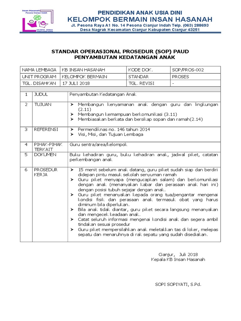 Sop Paud Penyambutan Kedatangan Anak | PDF | Karier & Perkembangan ...