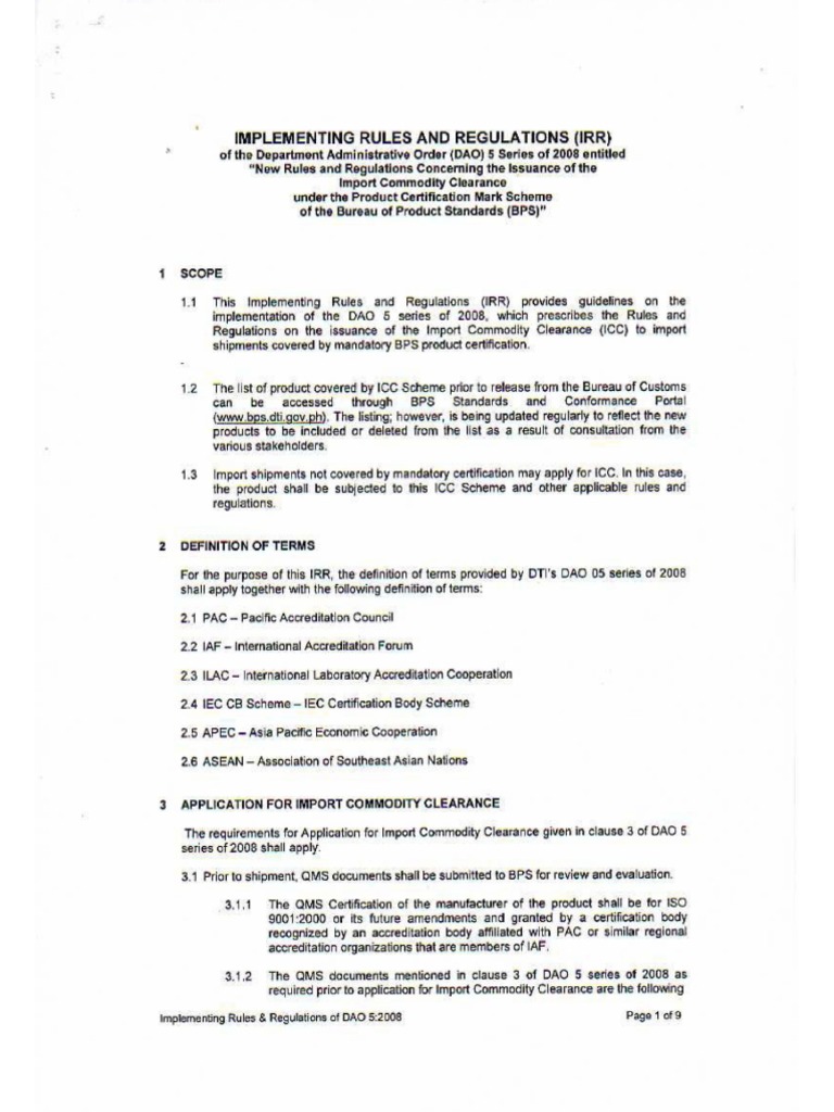 05 DAO 05 S. 2008 - Rules and Regulations On ICC Issuance - IRR | PDF