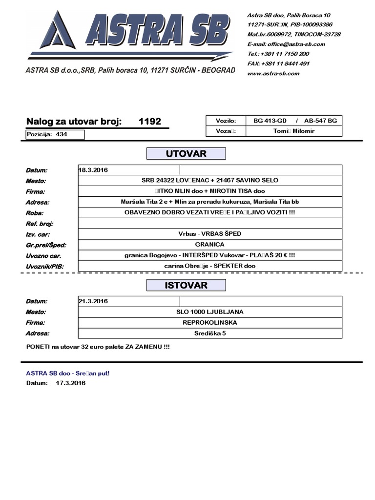 NALOG Za Utovar PDF | PDF