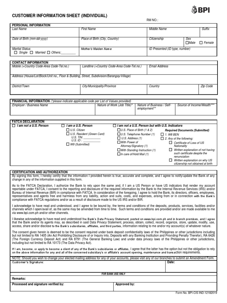 BPI-Customer-Information-Sheet-2019 | Citizenship Of The United States ...
