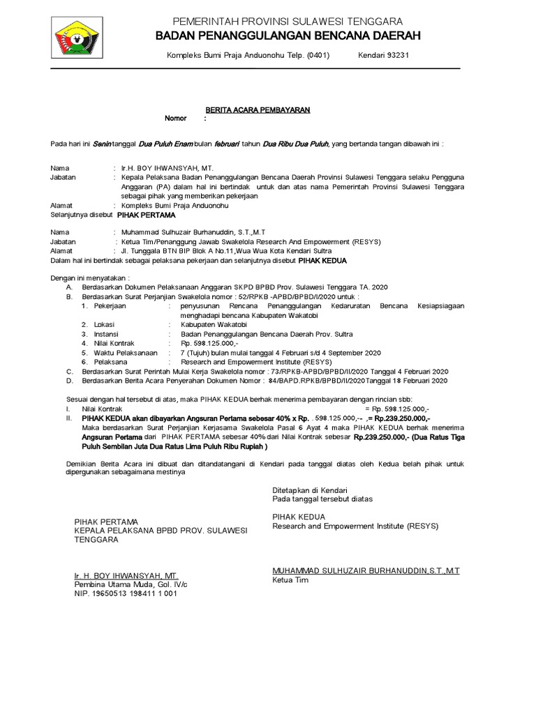 Berita Acara Pembayaran Angsuran Ketiga RKPB Wakatobi | PDF