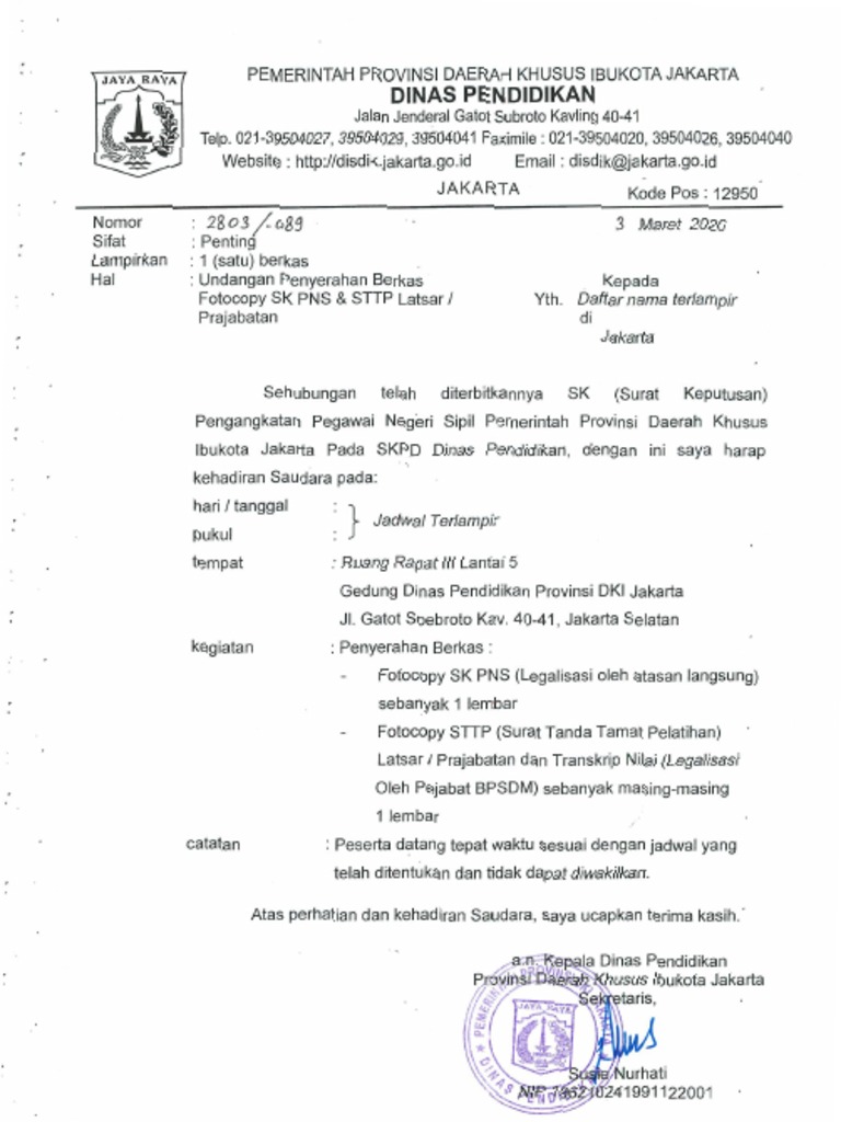 Undangan Penyerahan Fotocopy SK PNS Dan STTPL PDF | PDF