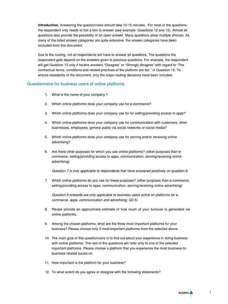 PDF Questionnaire For Business Users of Online Platforms | PDF | E ...