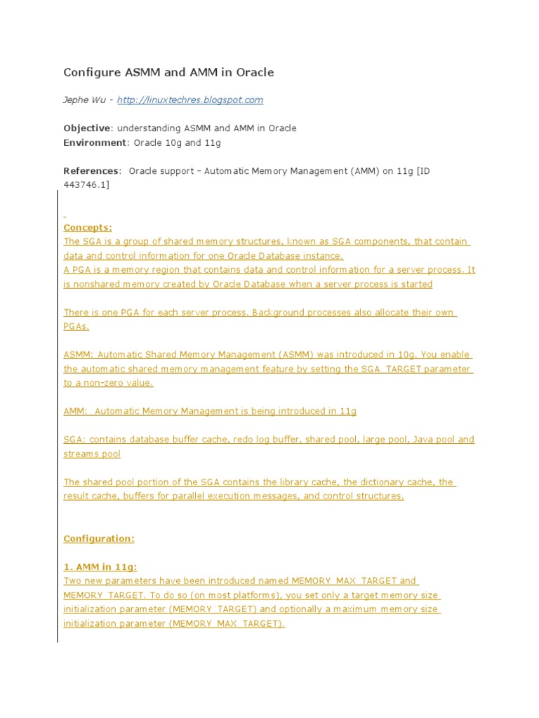 Oracle ASMM and AMM Configuration Guide | PDF | Cache (Computing) | Databases