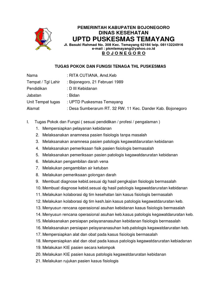 Tugas Pokok Dan Fungsi Tenaga THL Puskesmas | PDF
