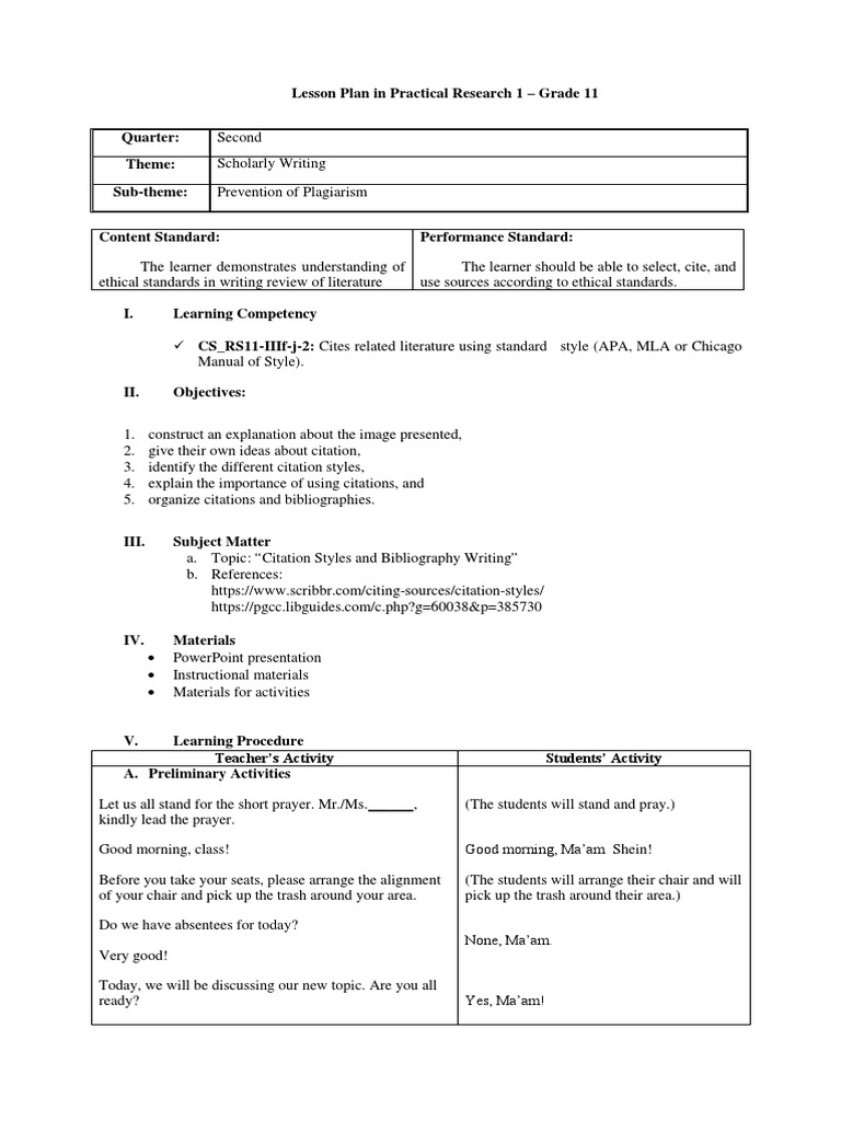 Practical Research 1 Lesson Plan | PDF | Citation | Learning