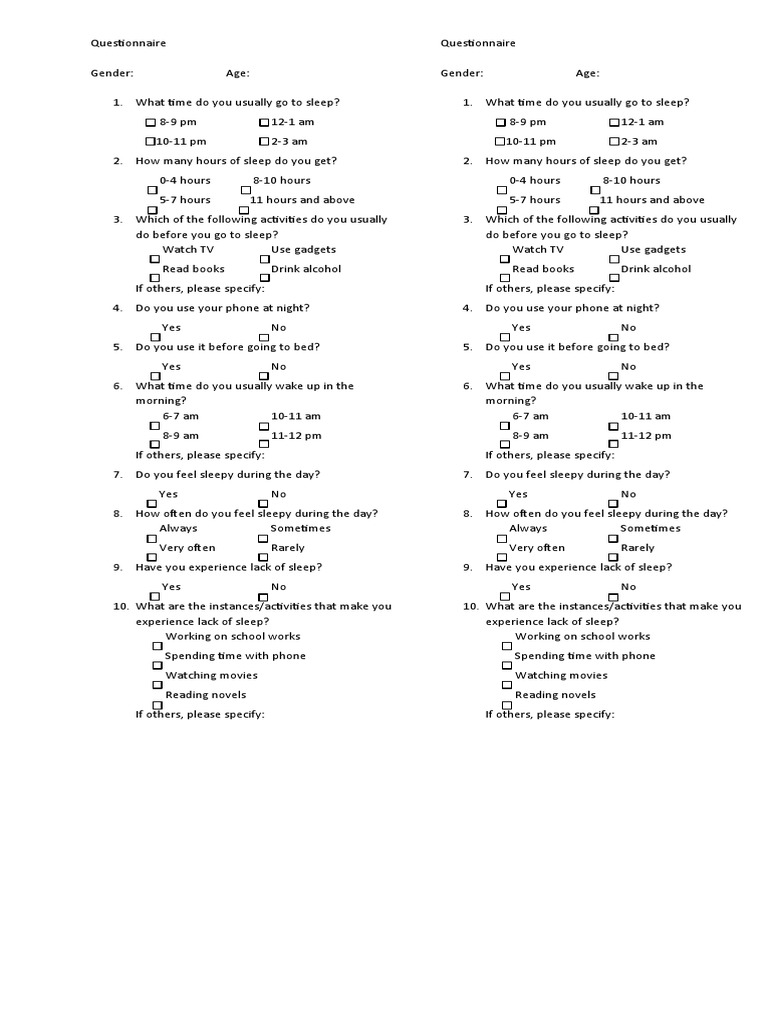 Sleep Deprivation Questionnaire | PDF | Sleep Deprivation | Sleep