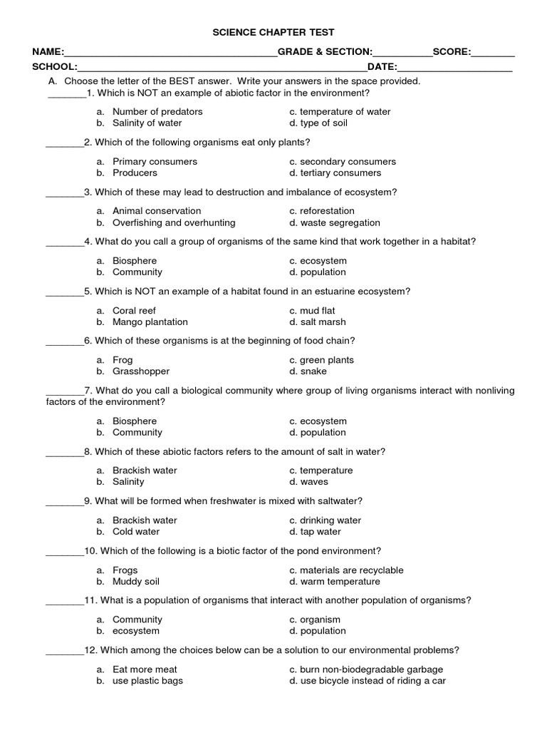 Ecosystem Chapter Test Questions | PDF | Estuary | Ecosystem