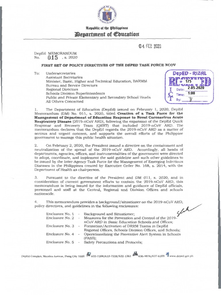DepEd Memorandum No. 15, s.2020 PDF | PDF | Hand Washing | Transmission ...