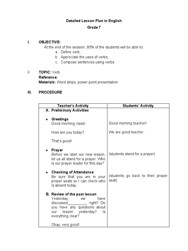 Grade 7 English Verb Lesson Plan | PDF | Predicate (Grammar) | Verb