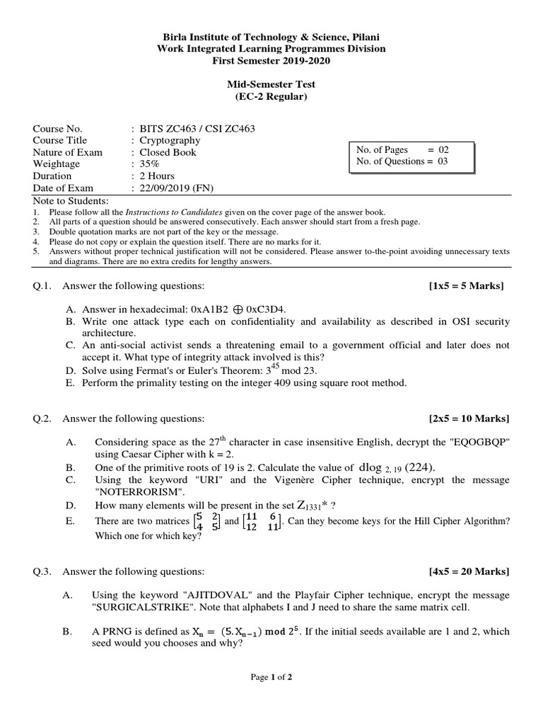 BITS Pilani Cryptography Mid-Semester Test Questions | PDF | Cipher ...