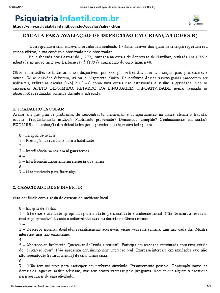 Escala para Avaliação de Depressão em Crianças (CDRS-R) PDF | Download ...