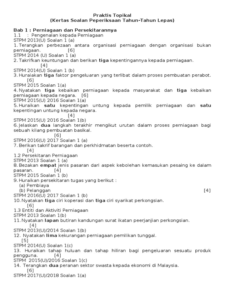 Soalan Tahun Lepas Praktis Topikal Penggal 1 | PDF