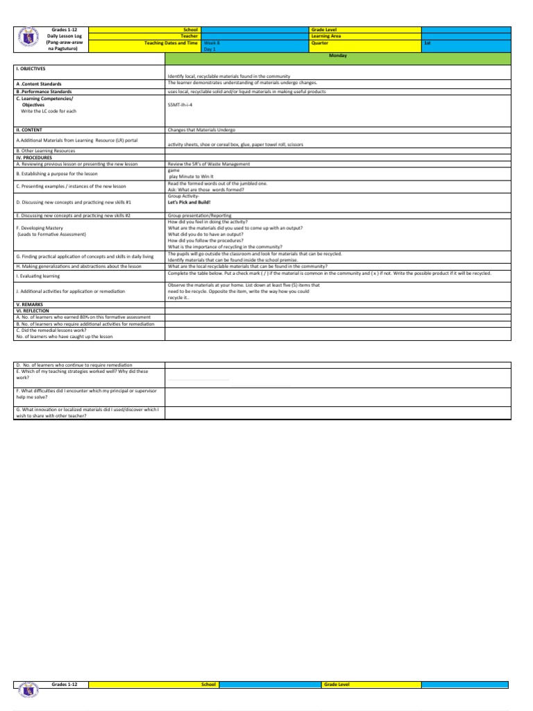 Grade 5 DLL SCIENCE 5 Q1 Week 8 | PDF | Teachers | Learning