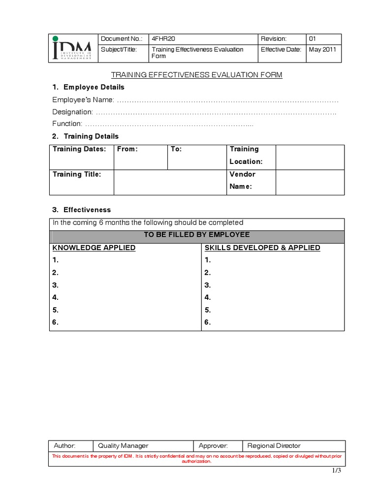 Employee Post Training Evaluation Form | PDF | Evaluation | Cognitive ...