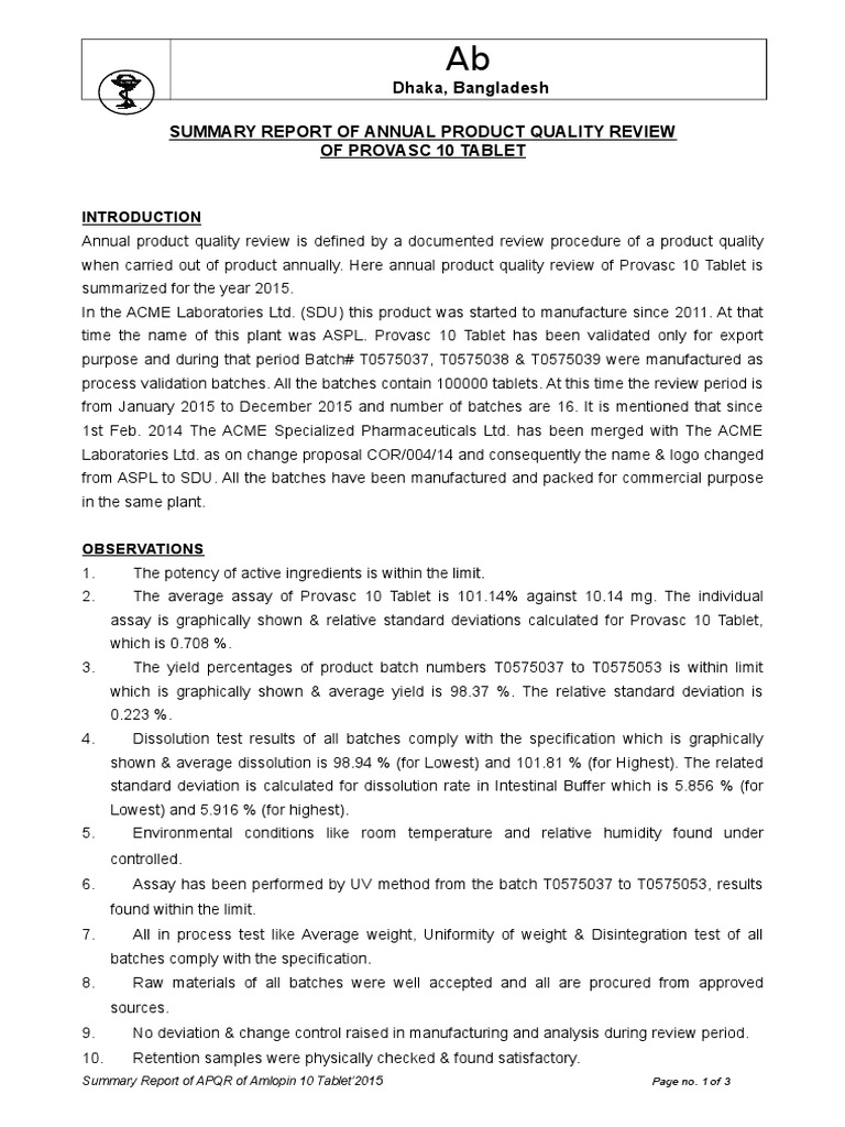 Annual Product Quality Review | PDF | Tablet (Pharmacy) | Assay