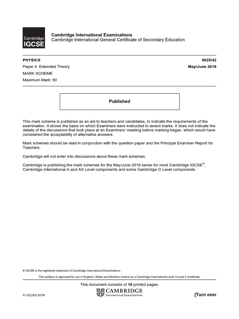 0625 s16 Ms 42 | PDF | Physics | Physical Sciences