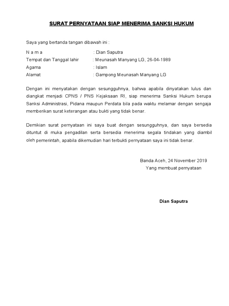 Surat Pernyataan Siap Menerima Sanksi Hukum | PDF