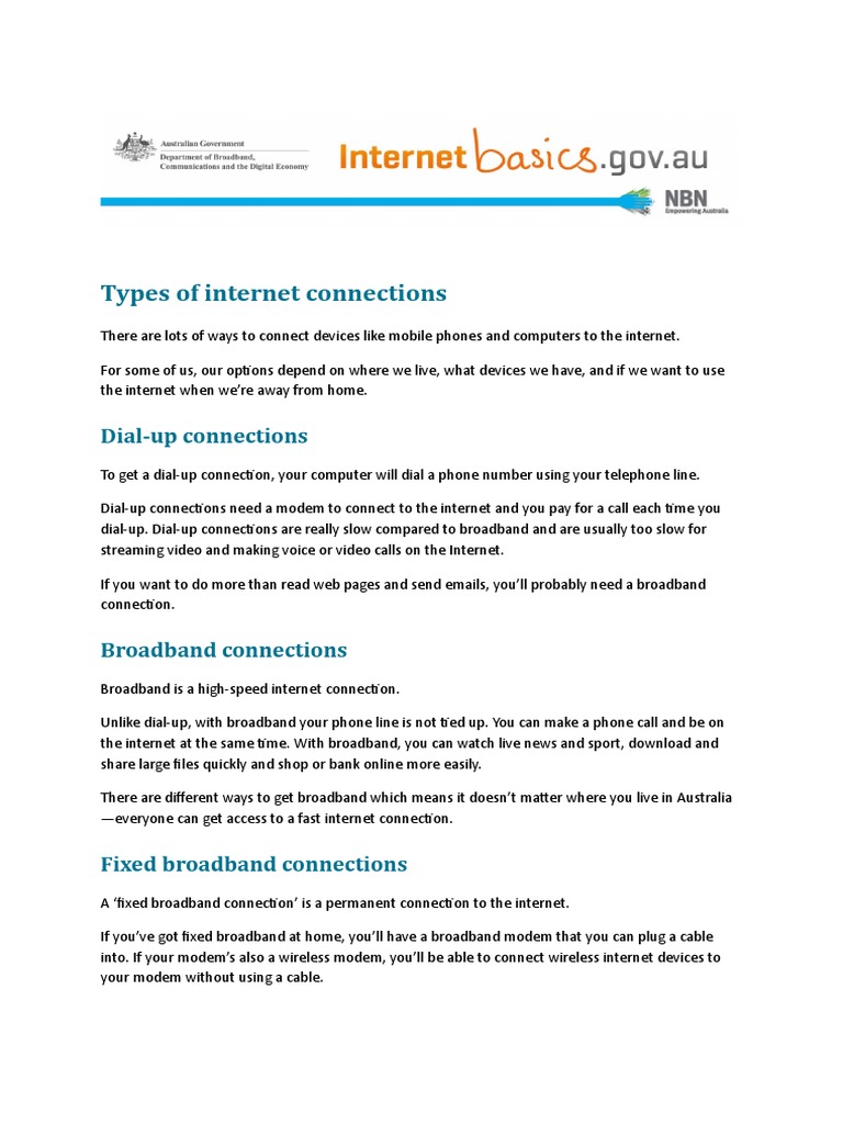 Overview of Internet Connection Types | PDF | Internet Access | Modem