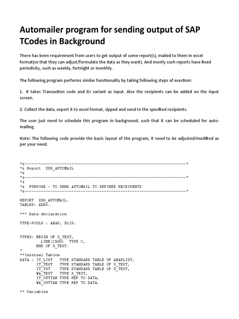Automailer Program For Sending Output of SAP TCodes in Background | PDF | Computer Data ...