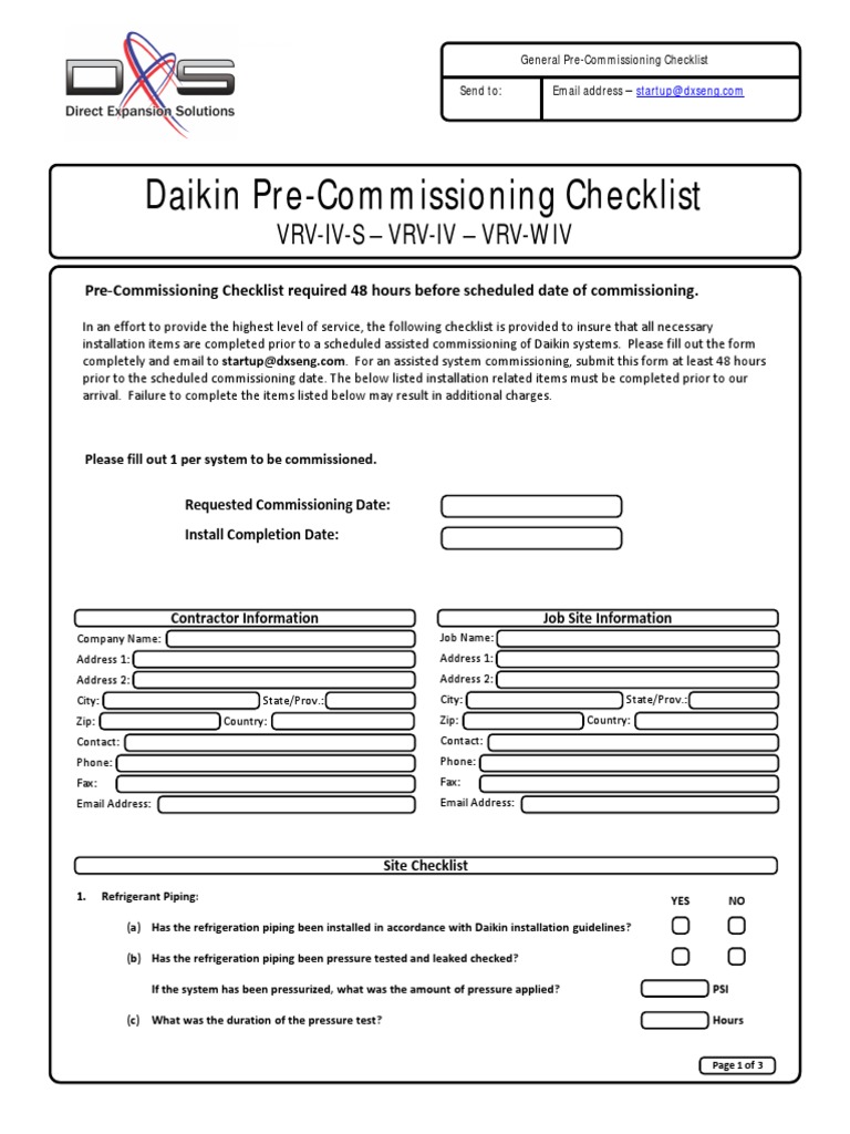 VRV Pre Commissioning Checklist - DXS | PDF | Duct (Flow ...