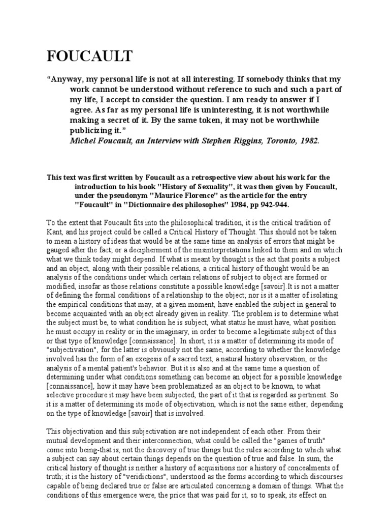 Foucault: Michel Foucault, An Interview With Stephen Riggins, Toronto ...