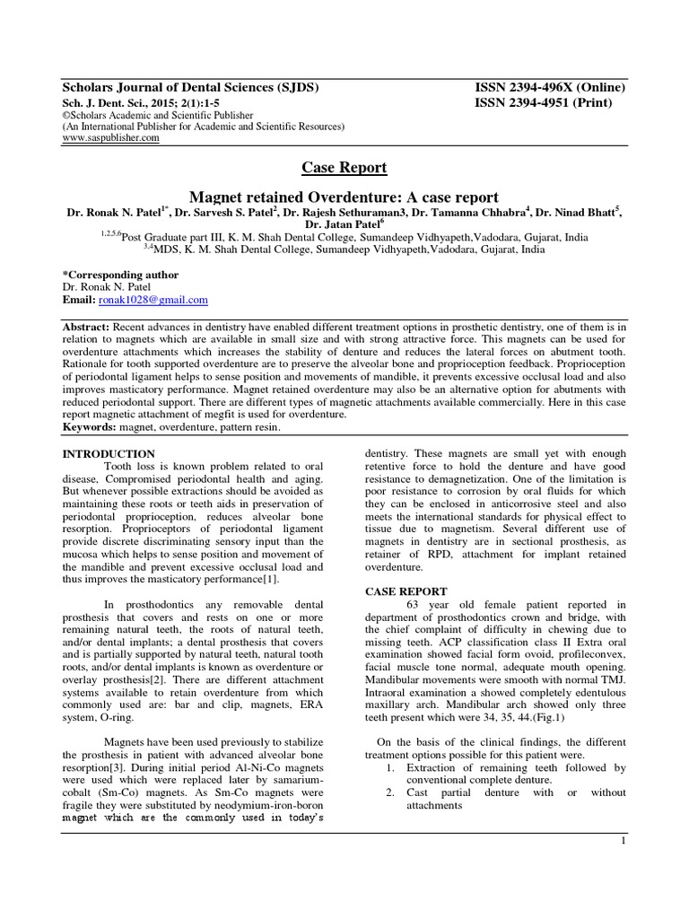 Magnet Retained Overdenture A Case Report PDF | PDF | Dentures | Animal ...