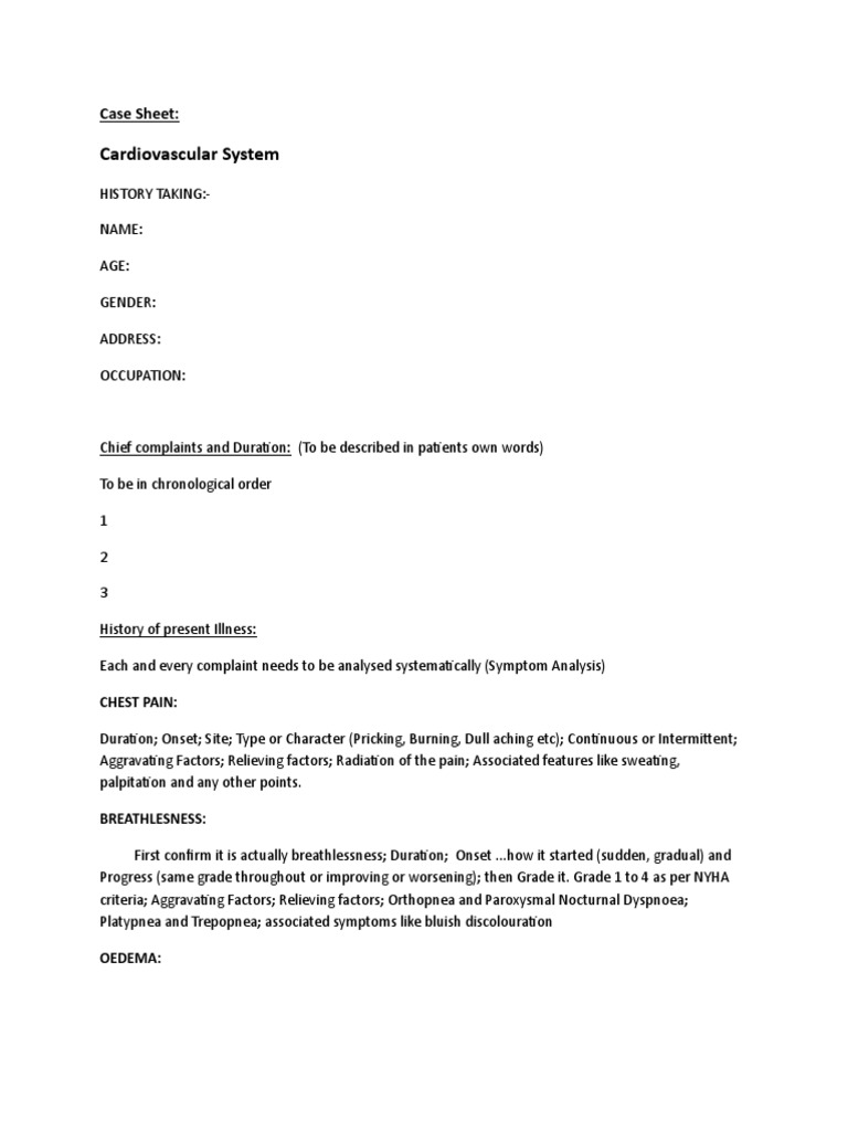 CVS - Case Sheet - Final | PDF | Medicine | Health Sciences
