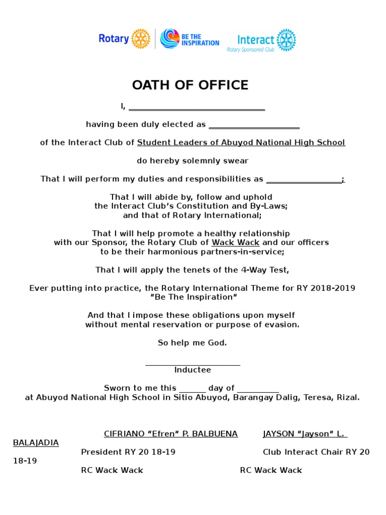 Oath of Office for Newly Elected Interact Club Officers of Abuyod National High School | PDF