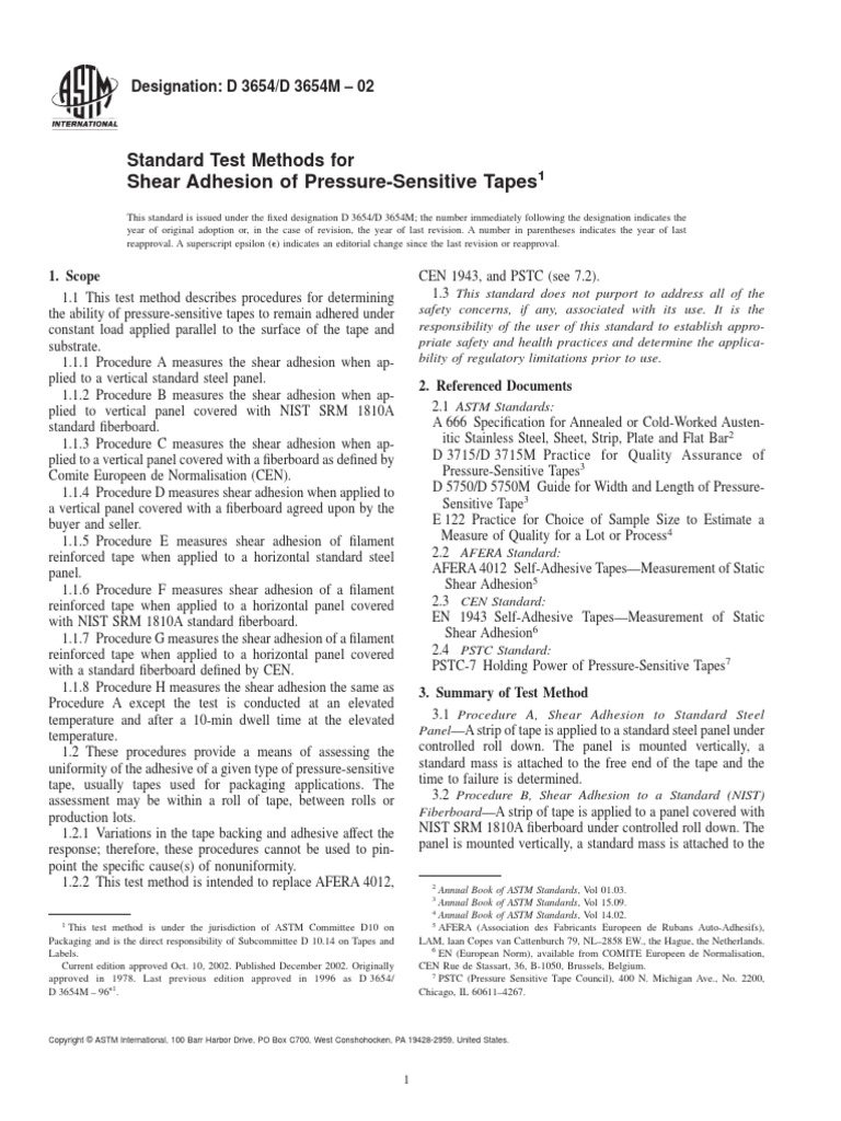 ASTM D3654 For Shear Adhesion PDF | PDF | Standard Deviation | Errors ...