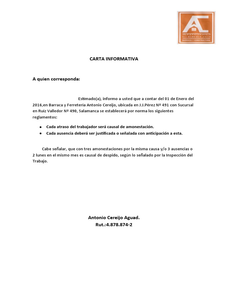Modelo de Carta Informativa Laboral | PDF