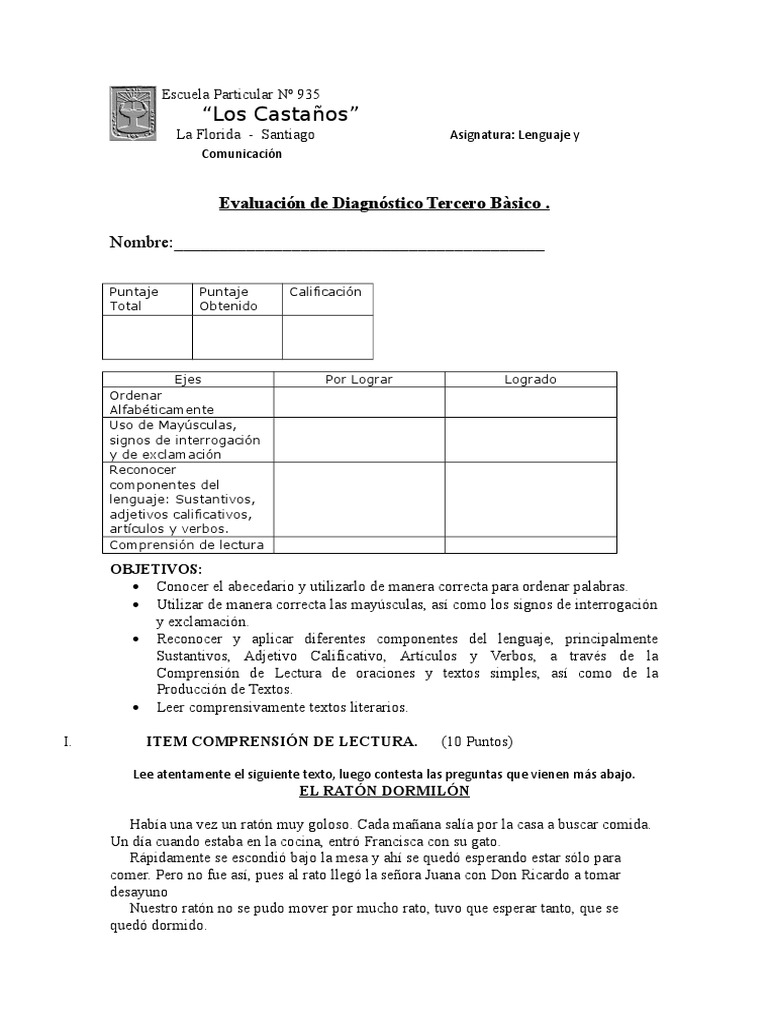 Evaluación Diagnóstica Lenguaje Tercero Básico | PDF | Adjetivo ...