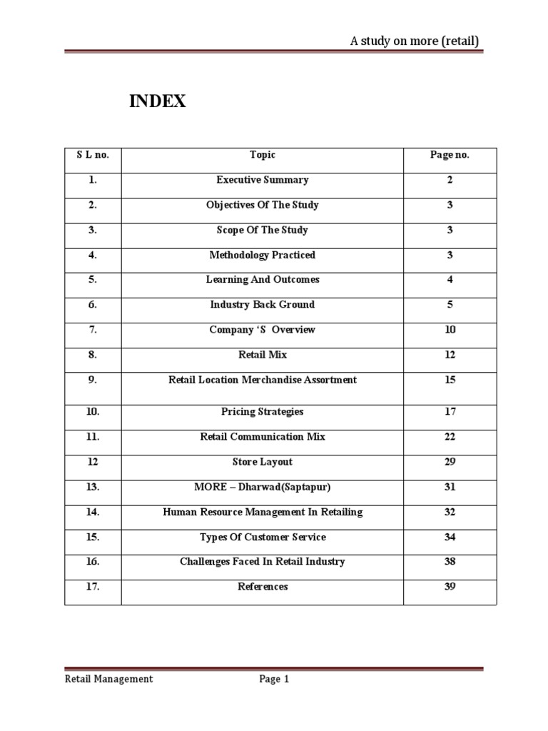 Index: A Study On More (Retail) | PDF | Retail | Industries