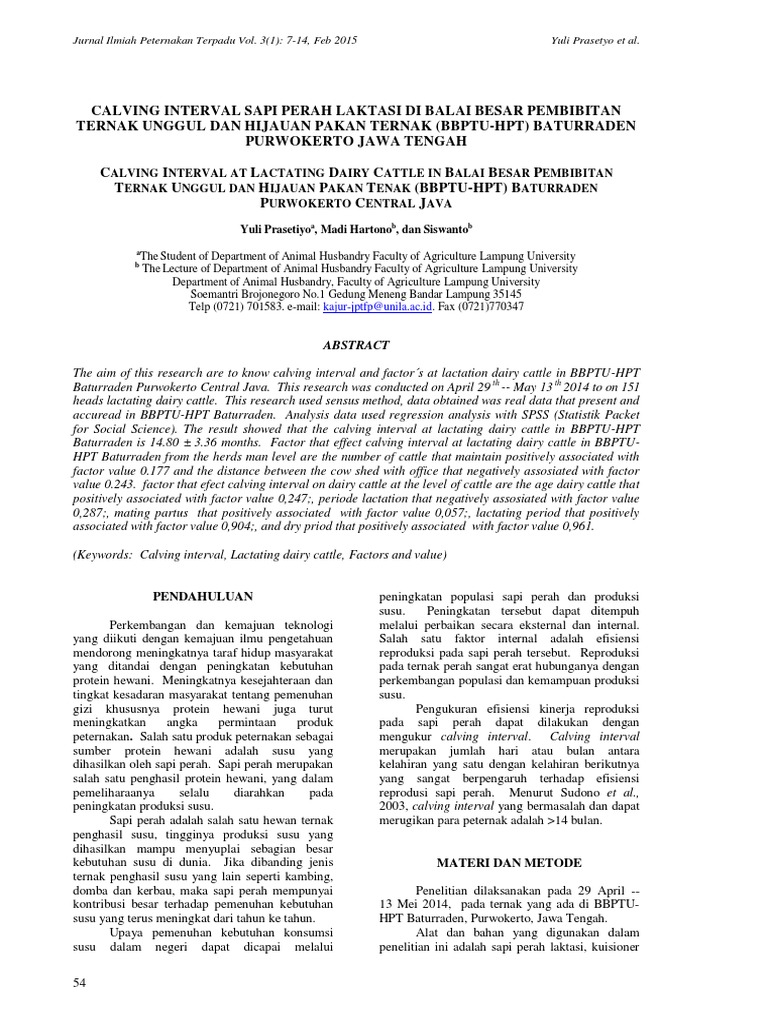 Calving Interval Sapi Perah Laktasi Di B A4d33188 PDF | PDF | Dairy ...