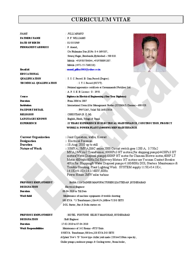 Curriculum Vitae: Name: Pilli Anand | PDF | Engines | Qualifications