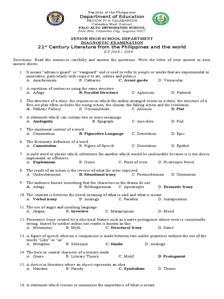 Diagnostic Exam 21st Century Lit | PDF | Modernism | Irony Diagnostic Exam 21st Century Lit | PDF | Modernism | Irony