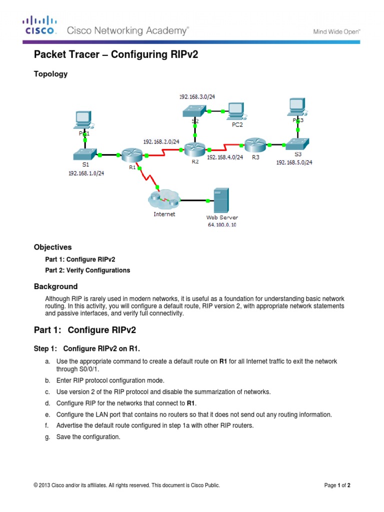 3.2.1.8 Packet Tracer - Configuring RIPv2 Instructions PDF | PDF | Business | Technology ...