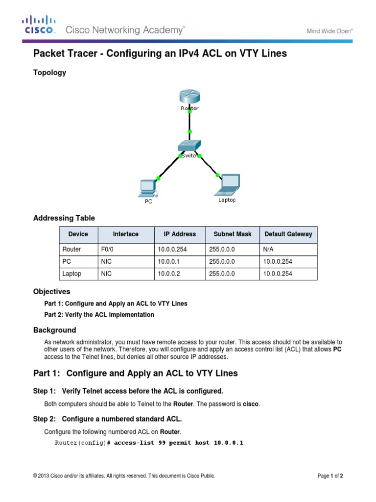 7.2.3.3 Packet Tracer - Configuring An IPv4 ACL On VTY Lines Instructions | PDF | Router ...