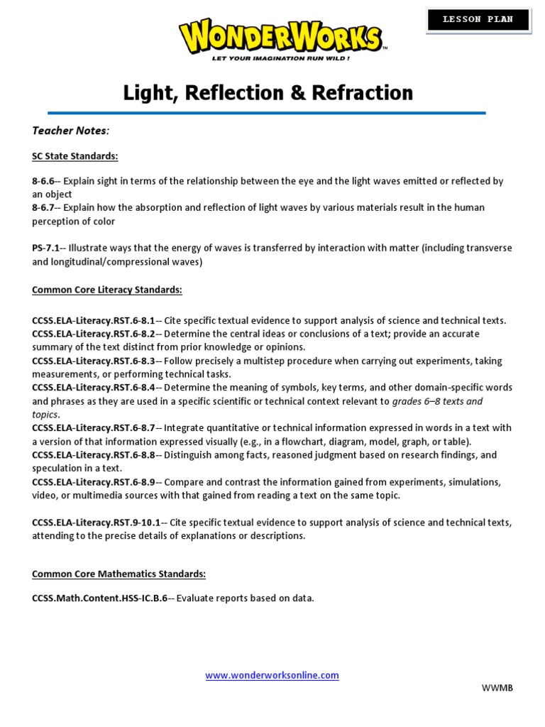 Light Reflection Refraction Lesson Plan | Download Free PDF ...