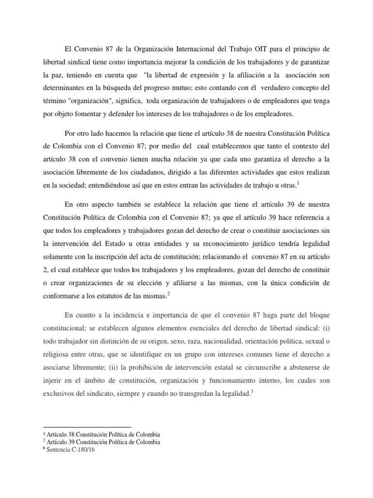 Ensayo Convenio 87 Oit | PDF | Organización Internacional del Trabajo | Sindicato