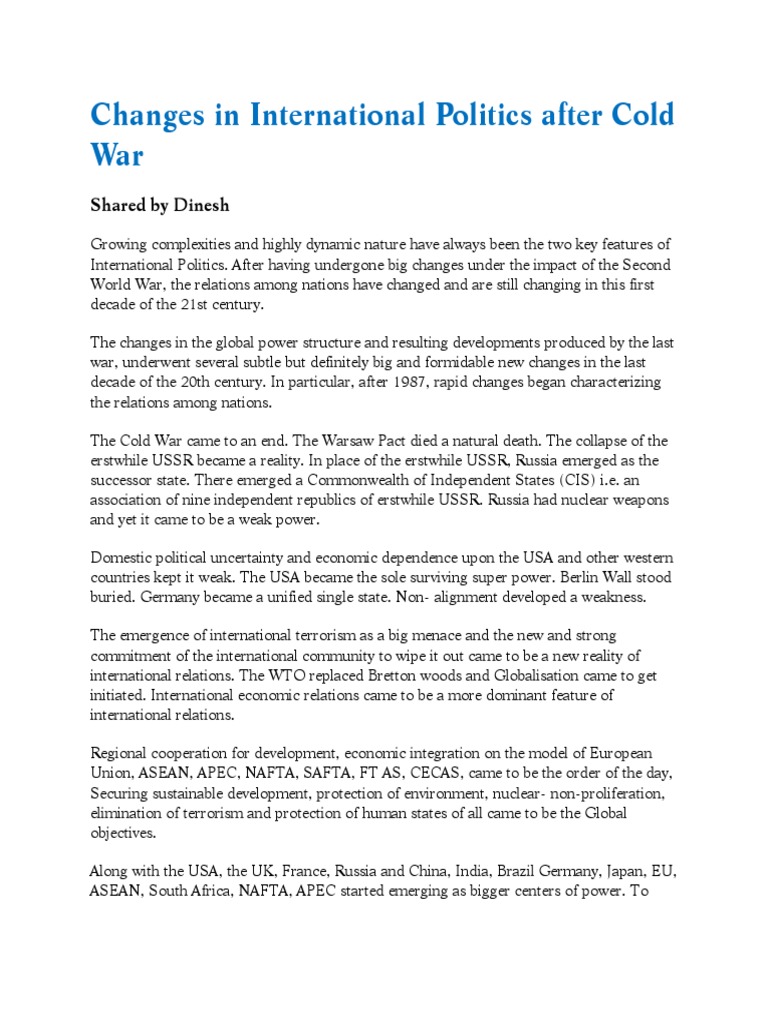 Changes in International Politics After Cold War PDF | PDF | Non ...