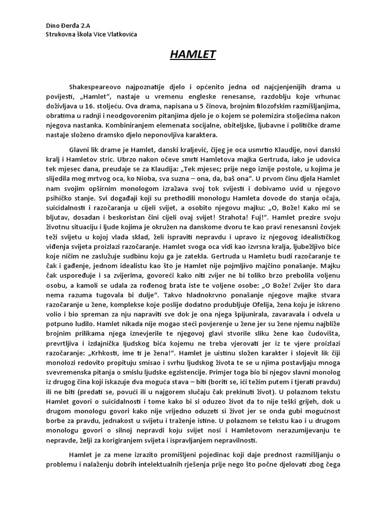 Hamlet - Interpretativni Školski Esej | PDF