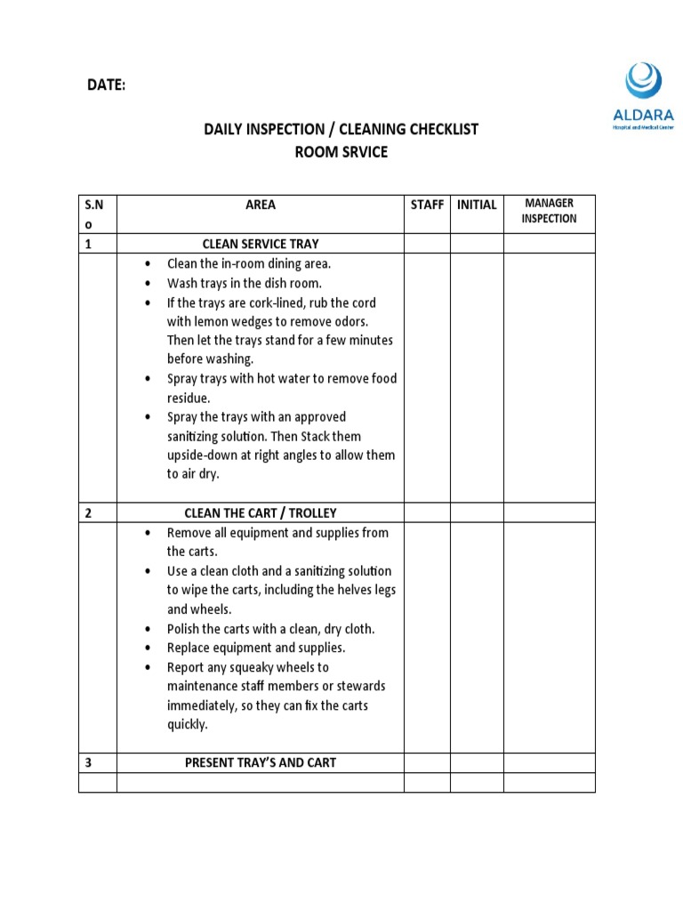 Daily Room Service Cleaning Checklist | PDF | Foods | Nature